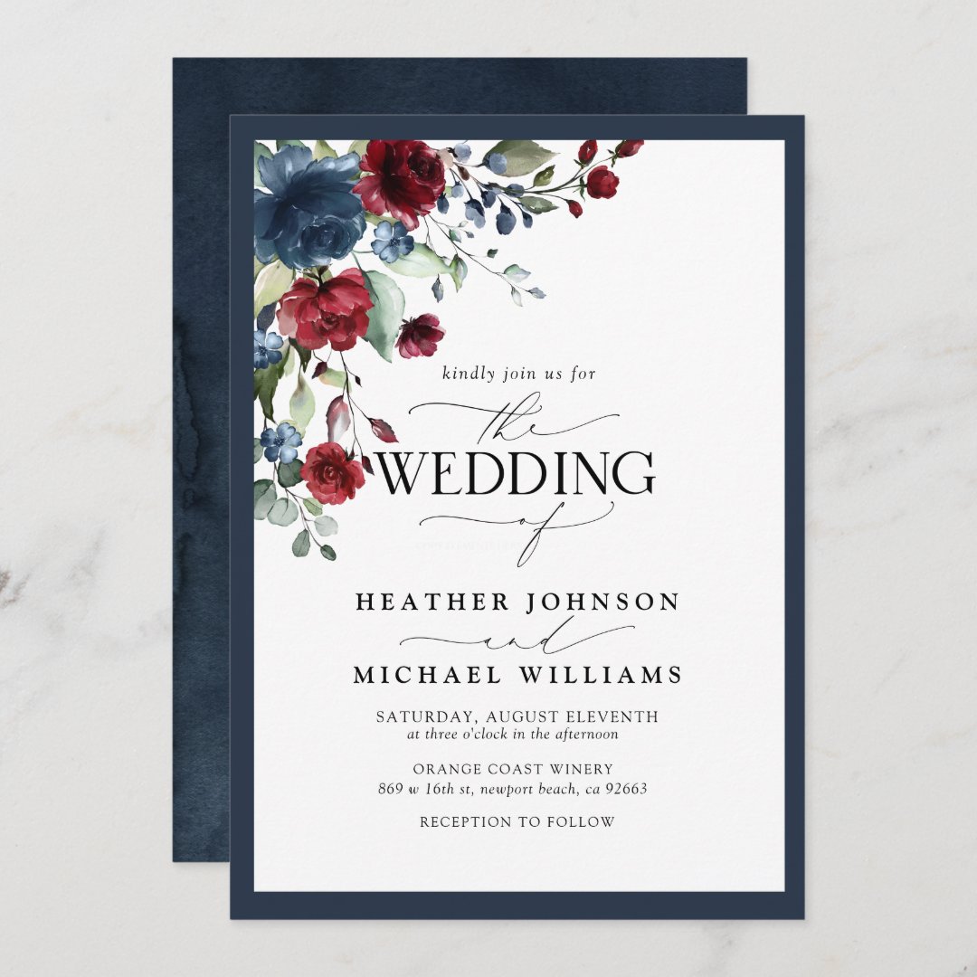 QRCode Navy Blue Burgundy Floral Watercolor Script Invitation | Zazzle