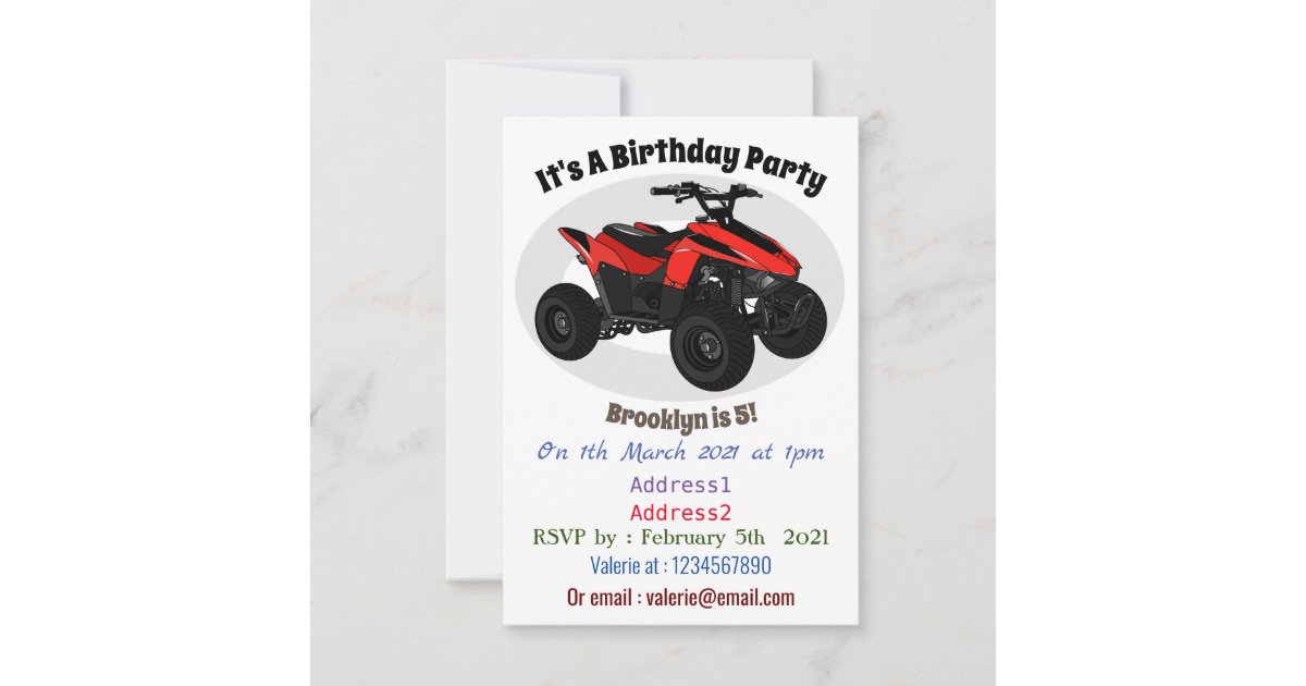 Quad bike atv cartoon illustration invitation | Zazzle