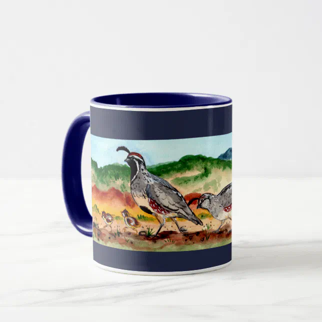 Quail family with Peeps Navy Blue Mug Southwestern | Zazzle