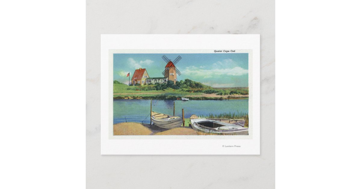 Quaint Cape Cod, View of Windmill and Boats Postcard | Zazzle