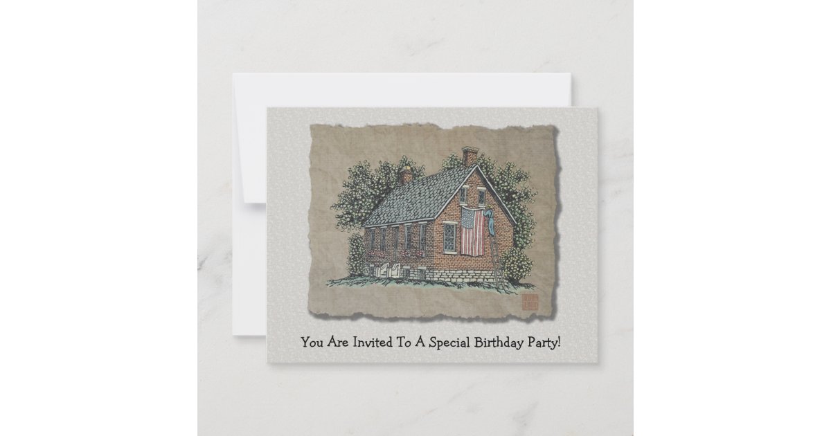 Quaint House & American Flag Invitation | Zazzle