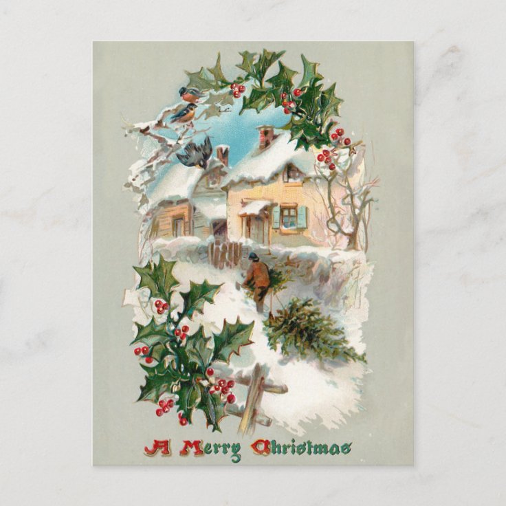 Quaint Nostalgic Vintage Rustic Winter Scene Postcard | Zazzle