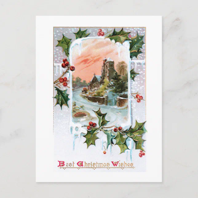 Quaint Rustic Vintage Winter Landscape with Holly Postcard | Zazzle