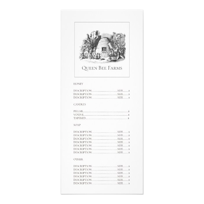 Queen Bee And Hive Garden Bee Products Price List Rack Card | Zazzle.com