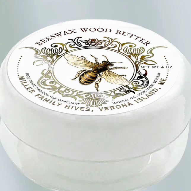 Queen Bee Gold Ornate Frame Beeswax Wood Butter Classic Round Sticker ...
