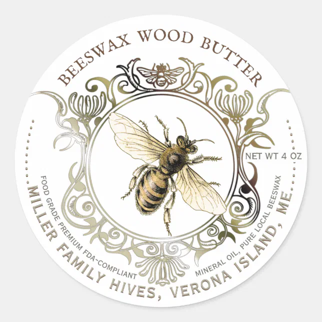 Queen Bee Gold Ornate Frame Beeswax Wood Butter Classic Round Sticker ...