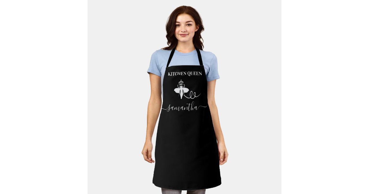 Queen bee kitchen name black white apron | Zazzle