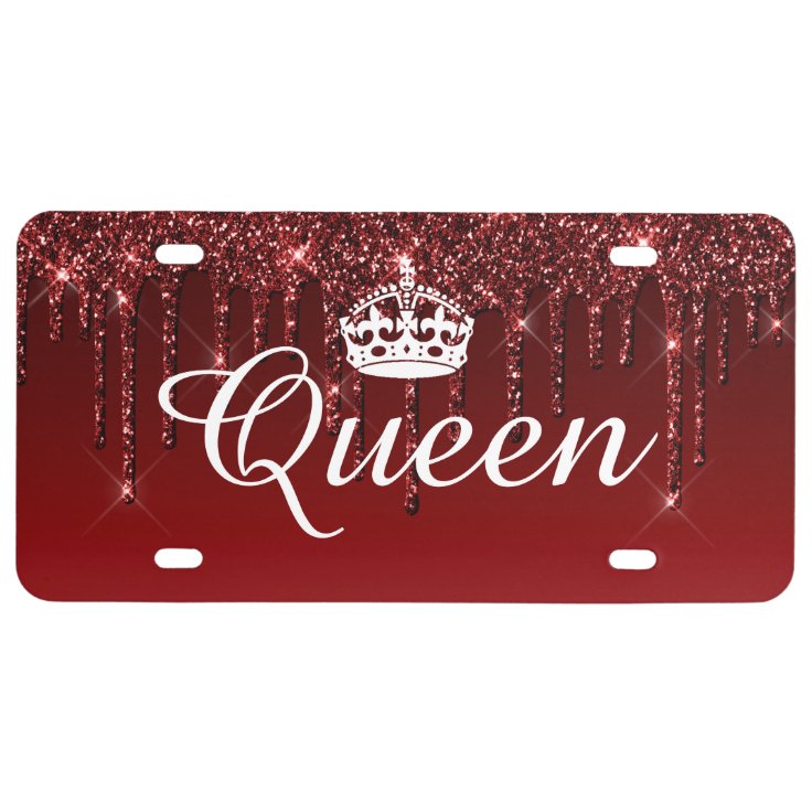 Queen Crown Drip Glitter Deep Red License Plate | Zazzle