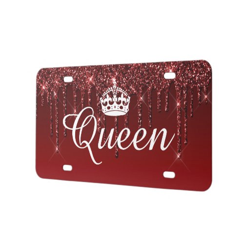 Queen Crown Drip Glitter Deep Red License Plate | Zazzle