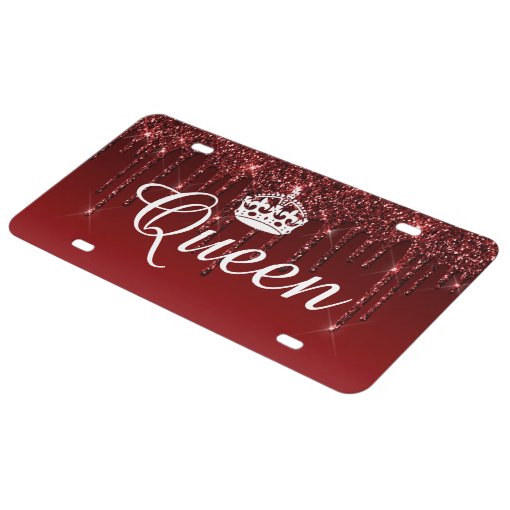 Queen Crown Drip Glitter Deep Red License Plate | Zazzle