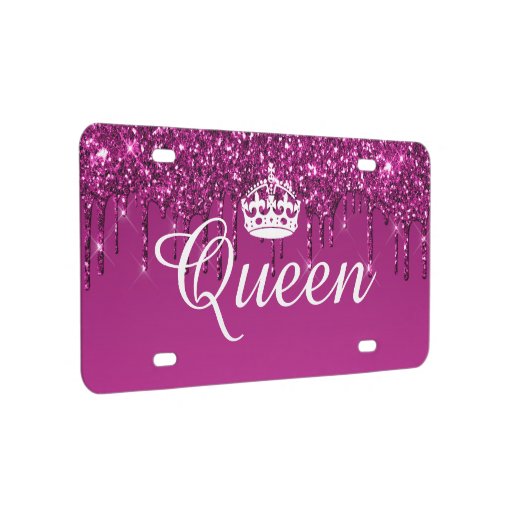 Queen Crown Drip Glitter Magenta License Plate | Zazzle
