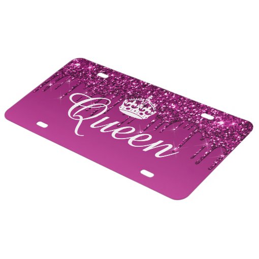 Queen Crown Drip Glitter Magenta License Plate | Zazzle