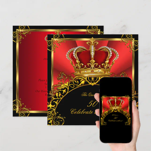 Queen King Regal Red Gold Royal Birthday Party 3 Invitation | Zazzle