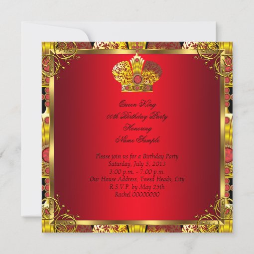 Queen King Regal Red Gold Royal Birthday Party Invitation | Zazzle