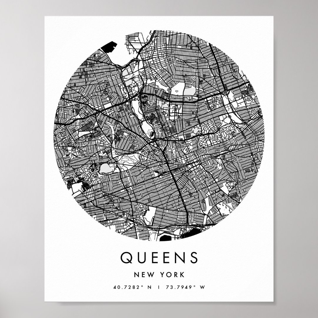 Queens New York Minimal Modern Circle Street Map Poster | Zazzle