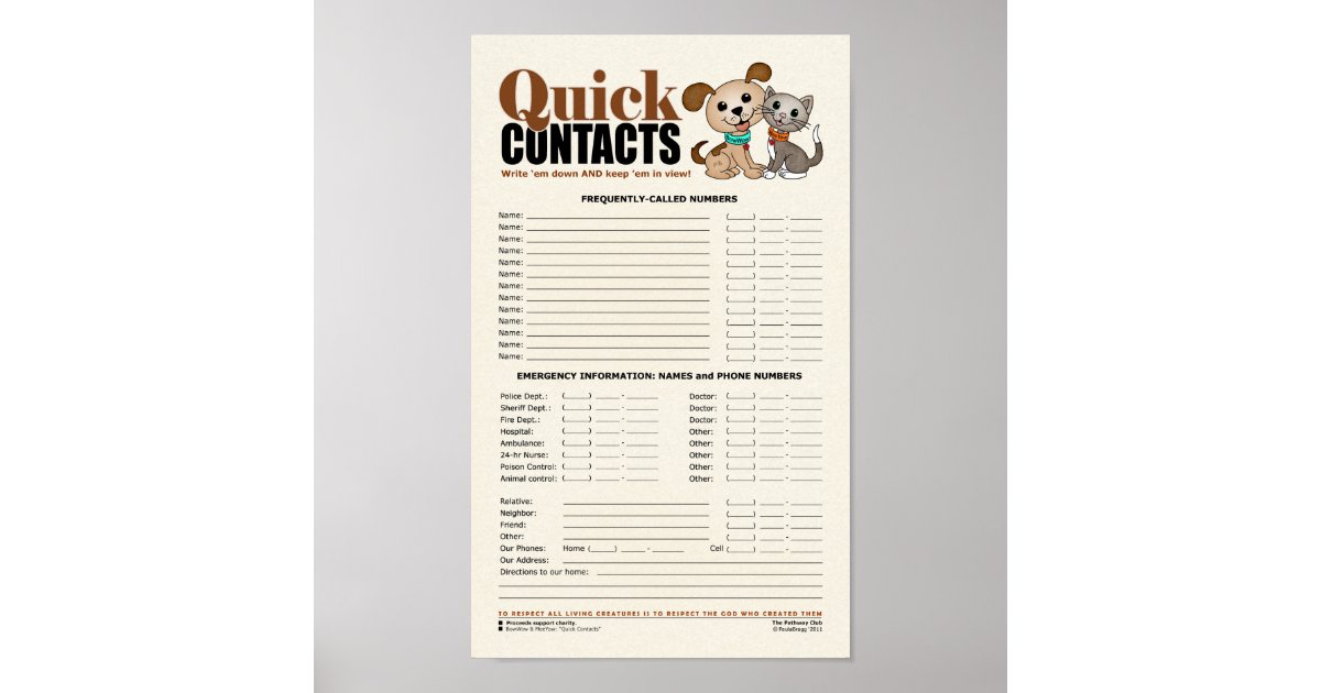 Quick Contacts [Emergency & Frequent numbers] Poster | Zazzle