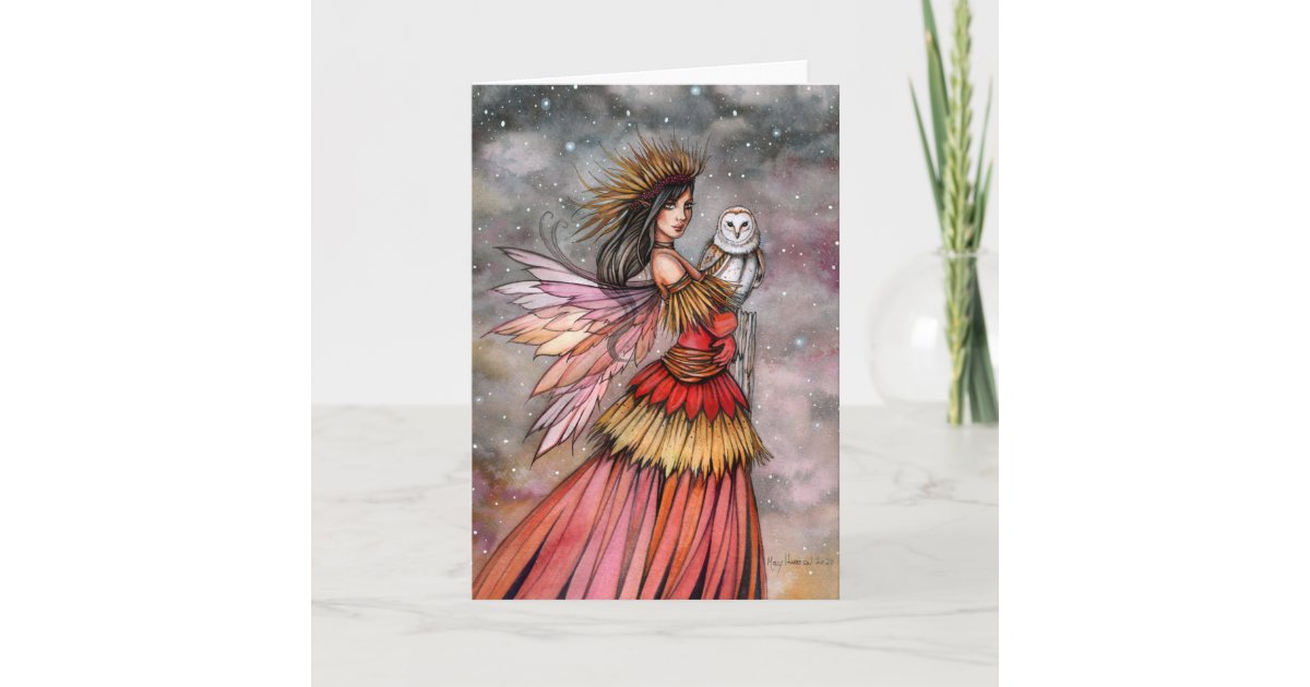 Quiet Ember Fairy and Owl Fantasy Art Card | Zazzle