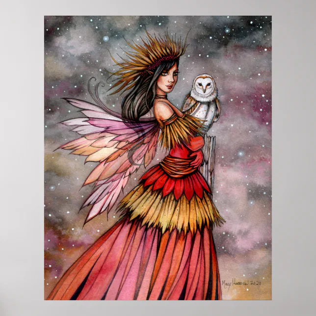 Quiet Ember Fairy and Owl Fantasy Art Poster | Zazzle