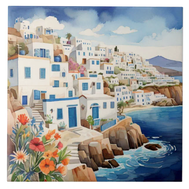 Quiet Greek Fishing Village Greece Sea Watercolor Ceramic Tile | Zazzle