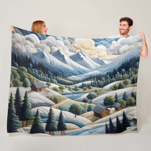 Quilted Mountain Landscape Scene Blue Fleece Blanket | Zazzle