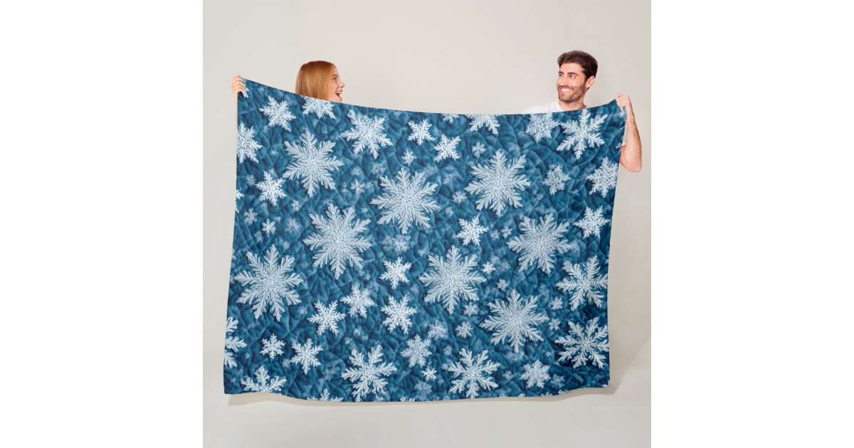 Quilted Pattern Blue and White Snowflakes Fleece Blanket | Zazzle