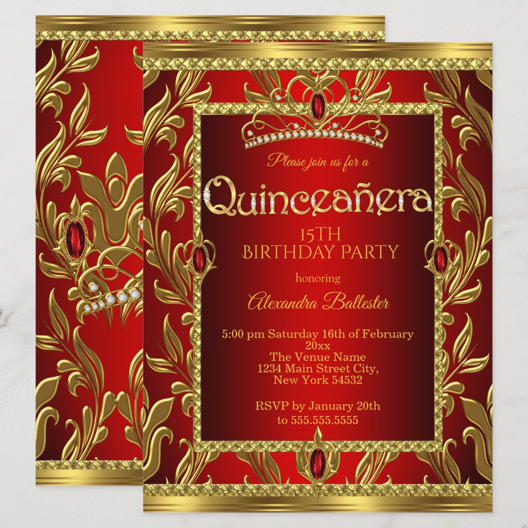 Quinceanera 15 Birthday Red Ruby Jewel Tiara Gold Invitation | Zazzle