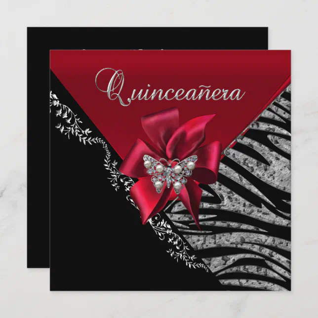 Quinceanera 15 Birthday Zebra Red Black Silver Invitation | Zazzle