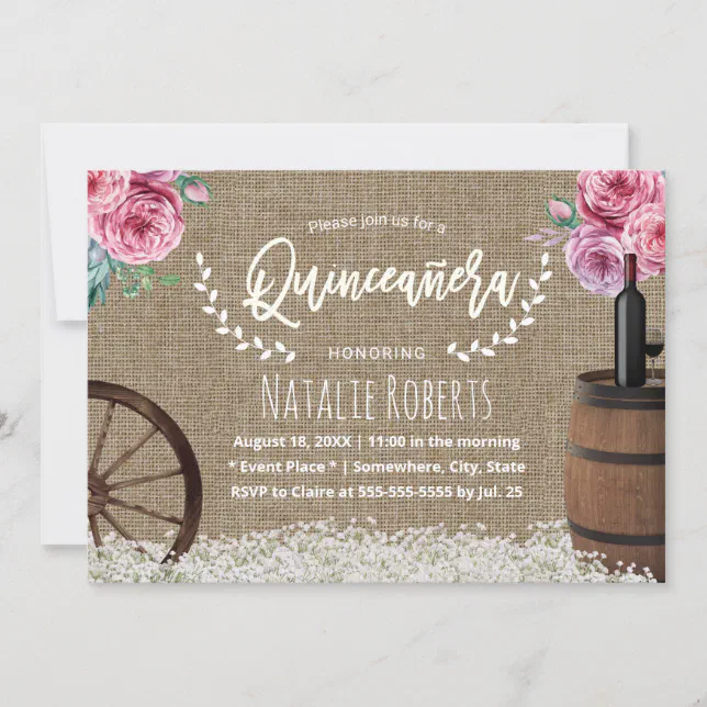 Quinceanera 15 Rustic Burlap Wine Barrel Floral Invitation | Zazzle