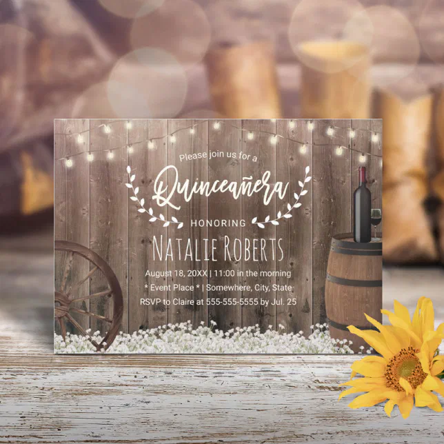 Quinceanera 15 Rustic Flowers Wine Barrel Birthday Invitation | Zazzle