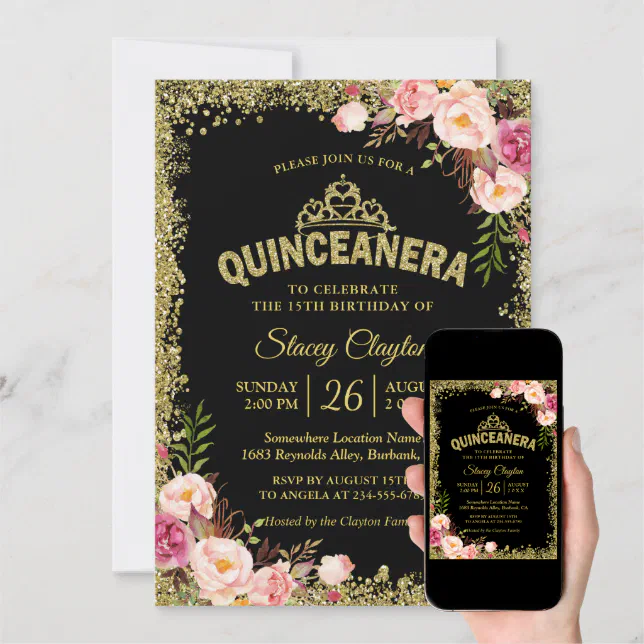 Quinceanera 15th Birthday - Black Gold Pink Floral Invitation | Zazzle