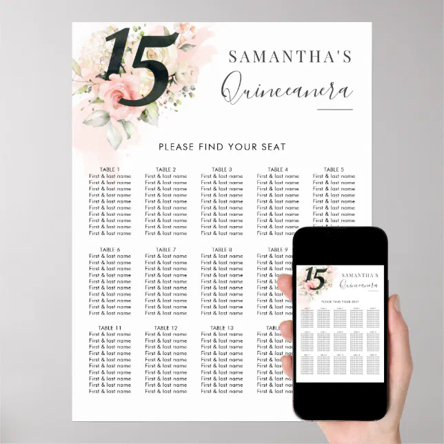 Quinceanera 15th Birthday Floral Seating Chart | Zazzle