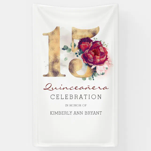 Quinceañera 15th Birthday Party Burgundy Red Flora Banner | Zazzle