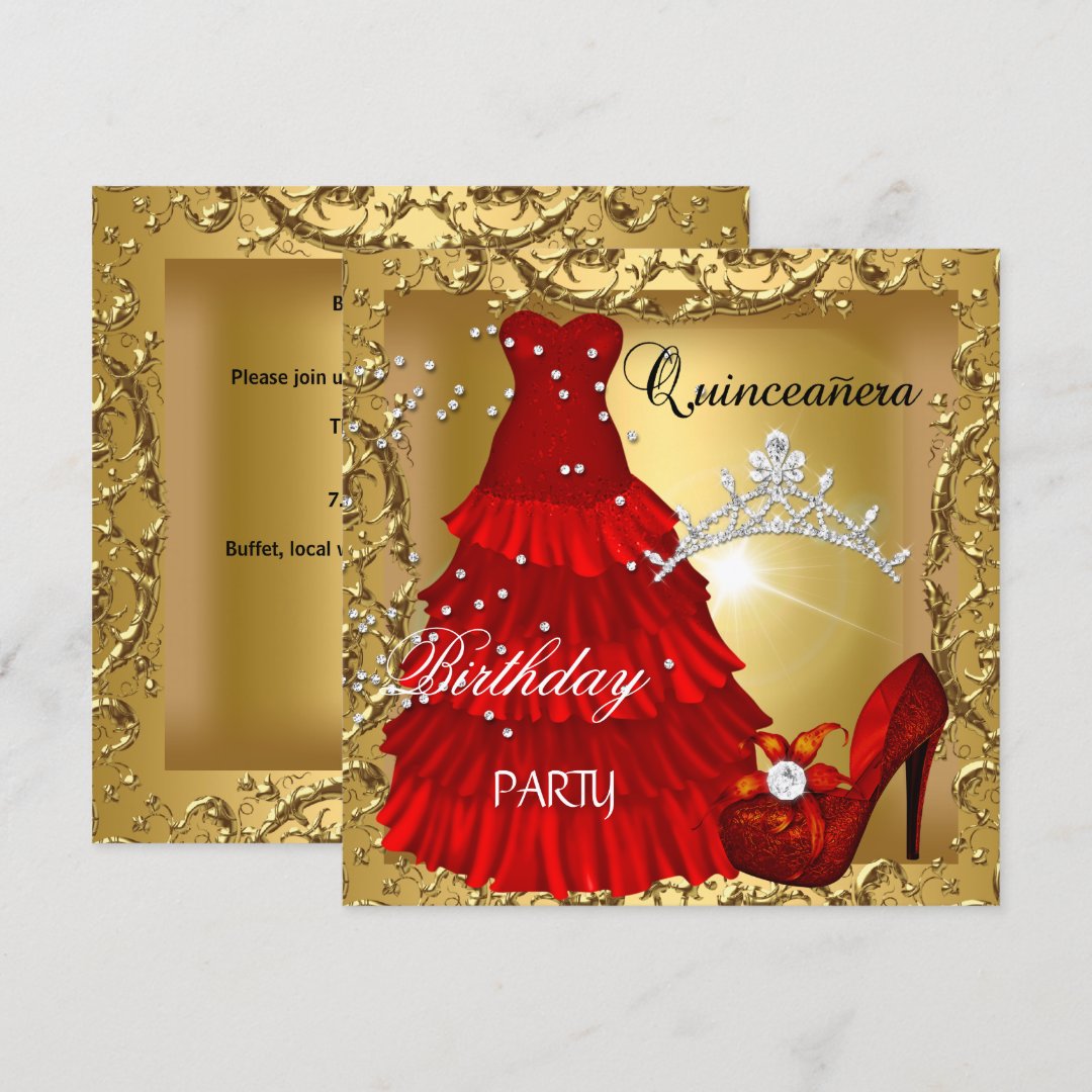 quinceanera 15th Birthday Party Gold Red Dress Invitation | Zazzle