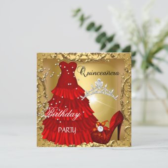 quinceanera 15th Birthday Party Gold Red Dress Invitation | Zazzle