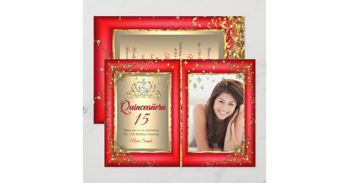 Quinceanera 15th Birthday Party Gold Red Photo Invitation | Zazzle