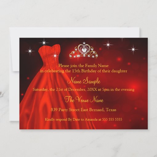 Quinceanera 15th Birthday Regal Red Dress Tiara Invitation | Zazzle