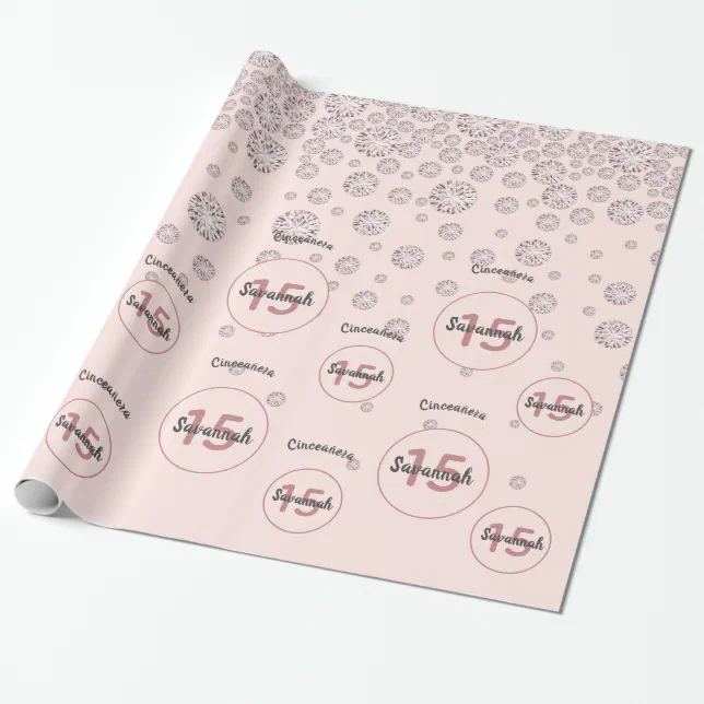 Quinceanera 15th birthday rose gold pink diamonds wrapping paper | Zazzle