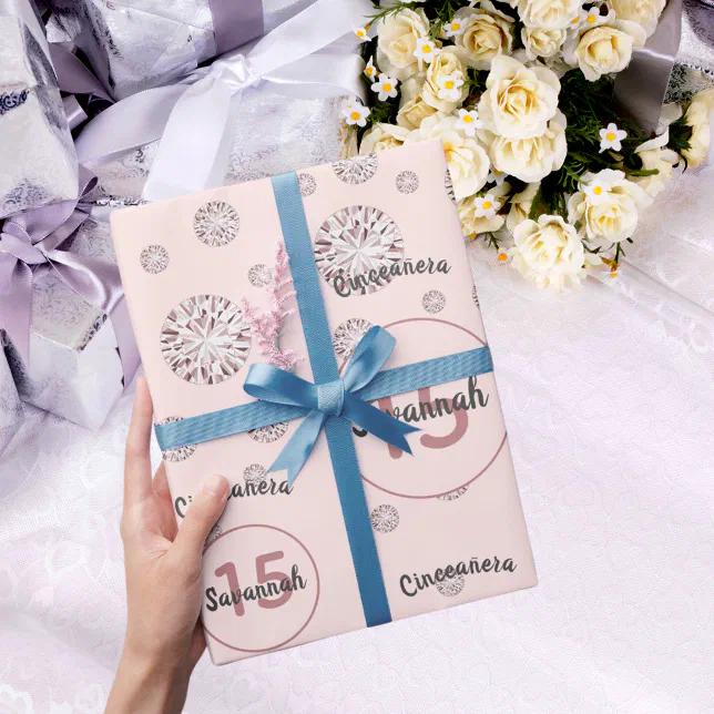 Quinceanera 15th birthday rose gold pink diamonds wrapping paper | Zazzle