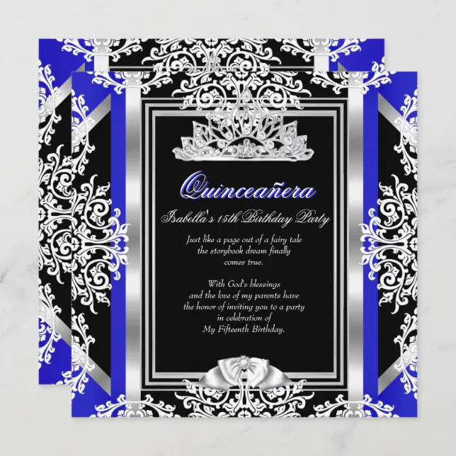 Quinceanera 15th Birthday Royal Blue Silver Black Invitation | Zazzle