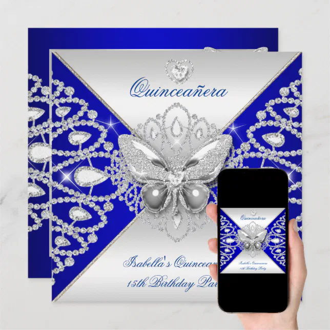 Quinceanera 15th Blue Silver Butterfly Tiara Invitation | Zazzle