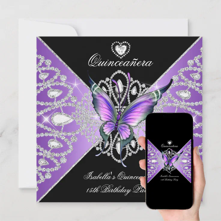 Quinceanera 15th Butterfly Purple Black Tiara Invitation | Zazzle