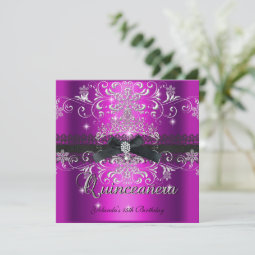 Quinceanera 15th Magenta Glitter Tiara Black Bow Invitation | Zazzle