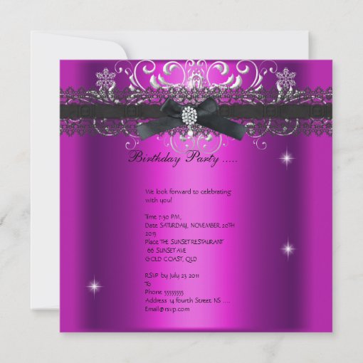 Quinceanera 15th Magenta Glitter Tiara Black Bow Invitation | Zazzle
