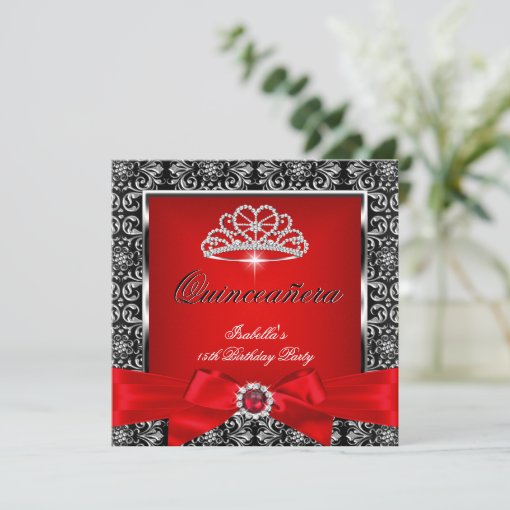 Quinceanera 15th Party Red Damask Silver Black 3 Invitation | Zazzle
