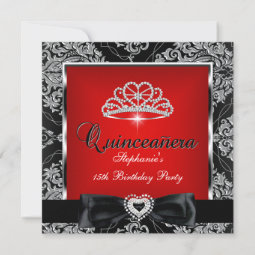 Quinceanera 15th Party Red Damask Silver Black Invitation | Zazzle
