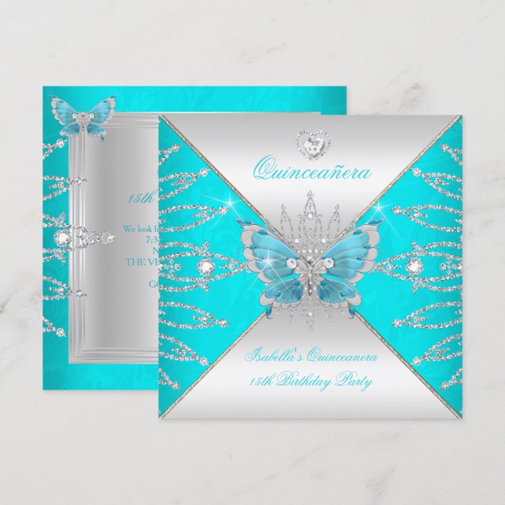 Quinceanera 15th Teal Blue Silver Butterfly Tiara Invitation | Zazzle