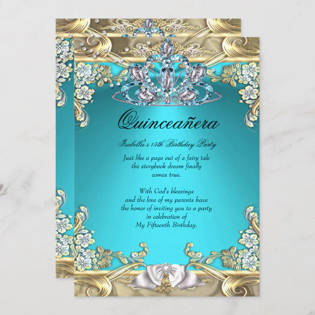 Quinceanera Aqua Teal Gold 15th Birthday Party Invitation | Zazzle