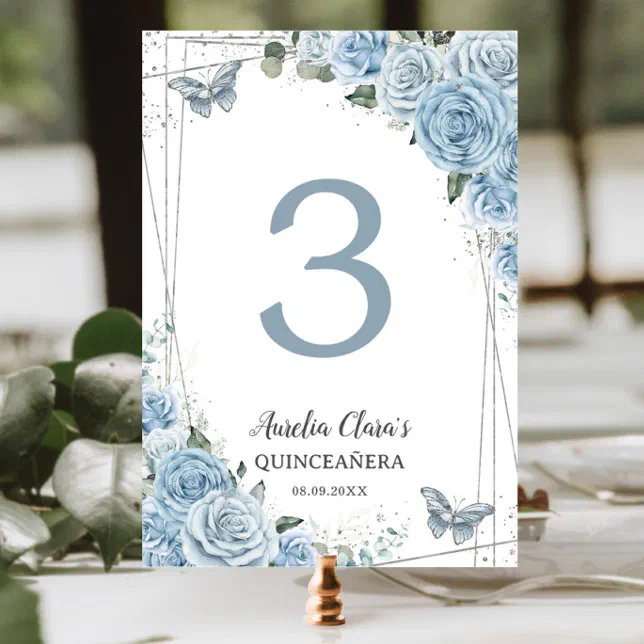 Quinceañera Baby Blue Floral Silver Butterflies Table Number | Zazzle