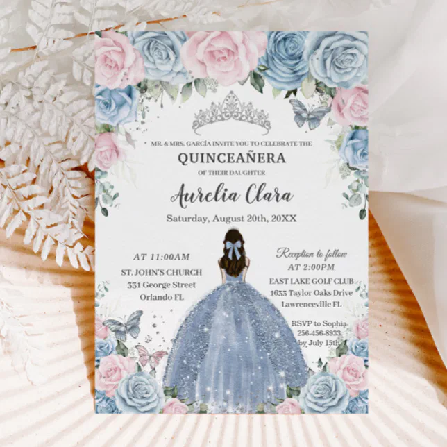 Quinceañera Baby Blue Pink Floral Princess Dress Invitation | Zazzle