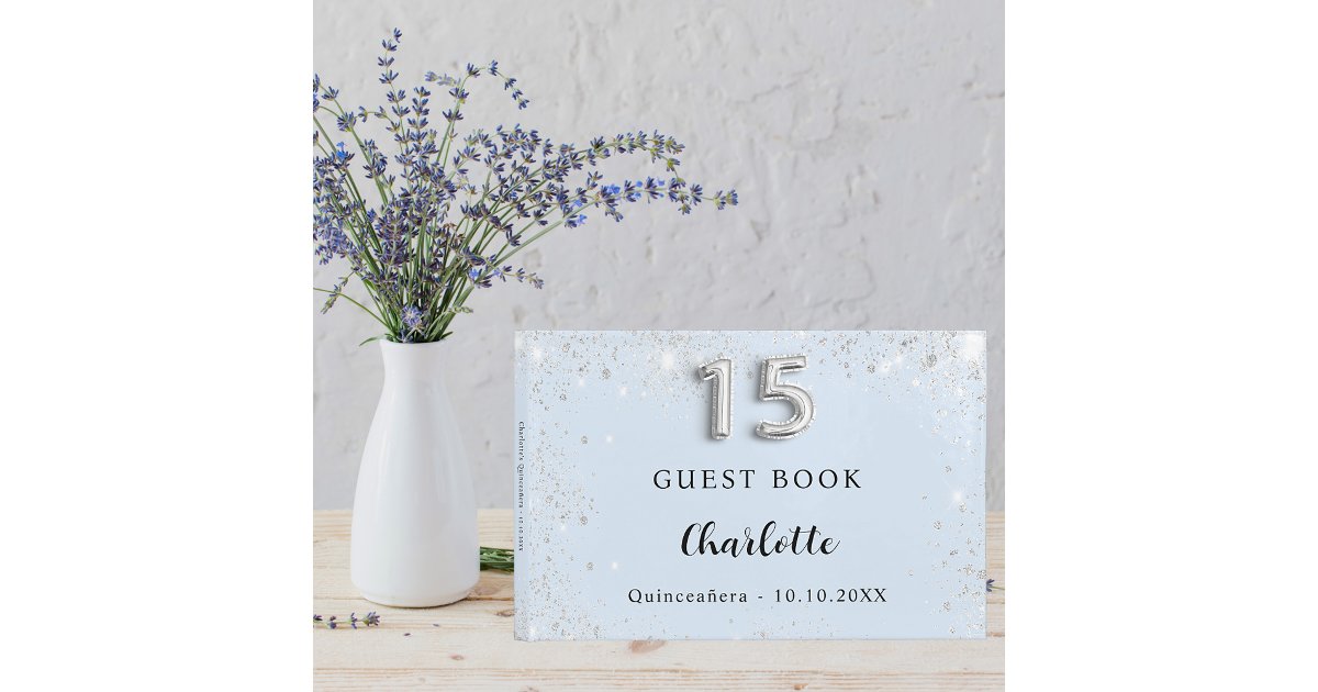 Quinceanera baby blue silver sparkles guest book | Zazzle